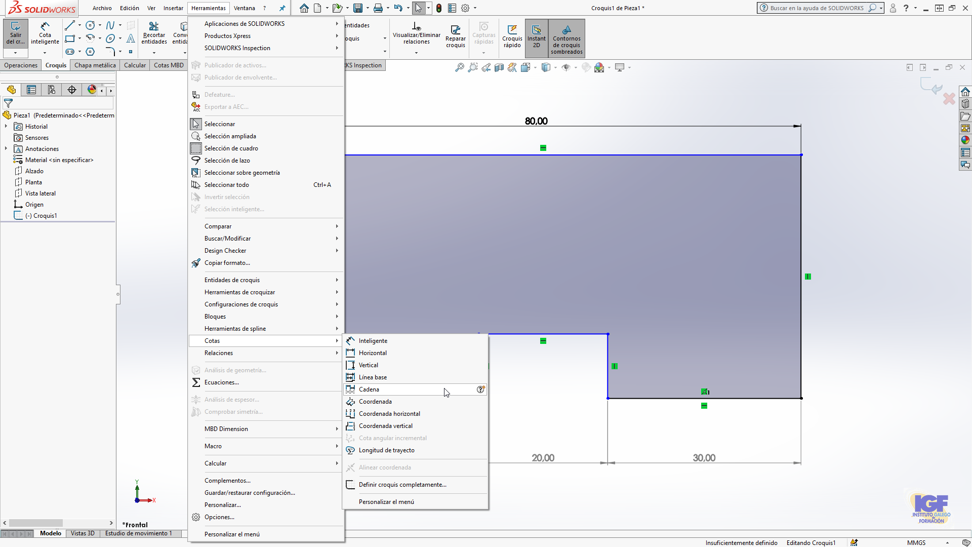 Crear cotas en cadena en SOLIDWORKS - IGF - Instituto Galego de Formación