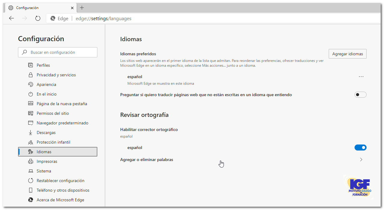 Activar Windows SpellChecker en Edge - IGF - Instituto Galego de Formación