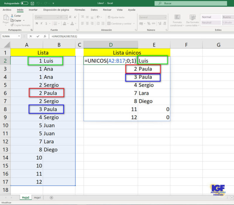 Función unicos de Excel - IGF - Instituto Galego de Formación