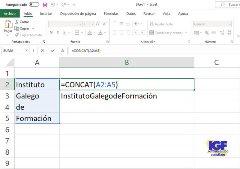 Función CONCAT de Excel 2019 - IGF - Instituto Galego de Formación