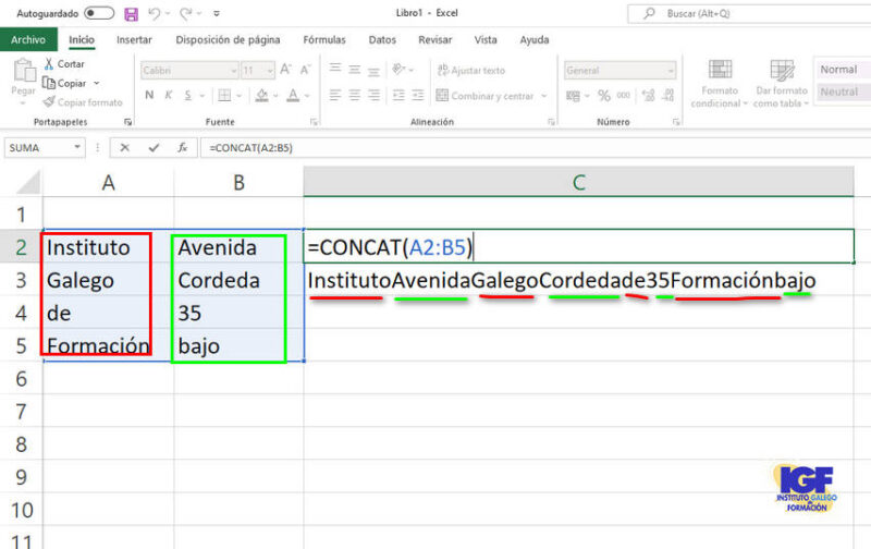 Función CONCAT de Excel 2019 - IGF - Instituto Galego de Formación